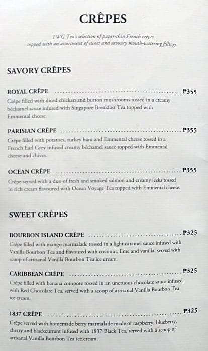 Menu at TWG cafe, Mandaluyong