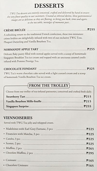 Menu at TWG cafe, Mandaluyong
