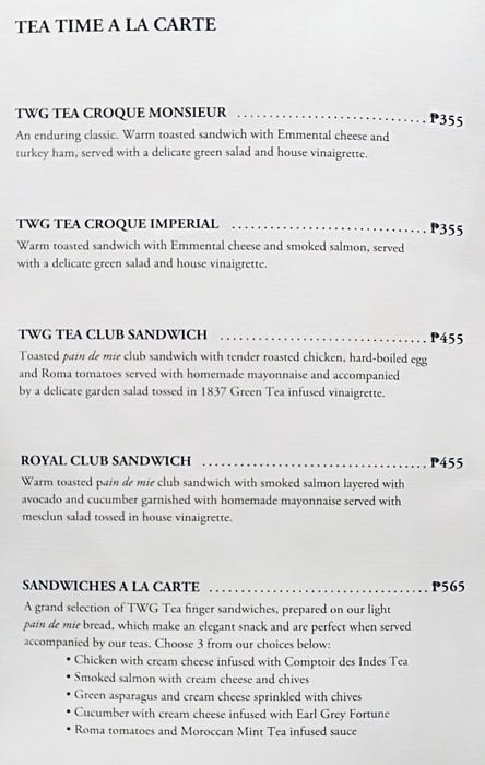 Menu at TWG cafe, Mandaluyong
