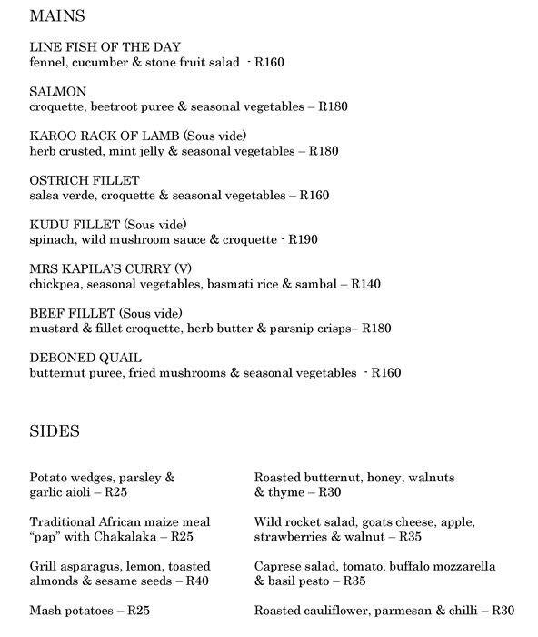 Menu at The Residence Restaurant- The Residence Boutique, Johannesburg