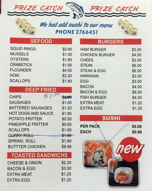 Menu at Prize Catch restaurant, Auckland