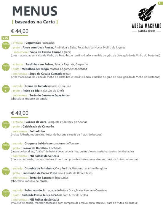 Menu at Adega Machado restaurant, Lisbon