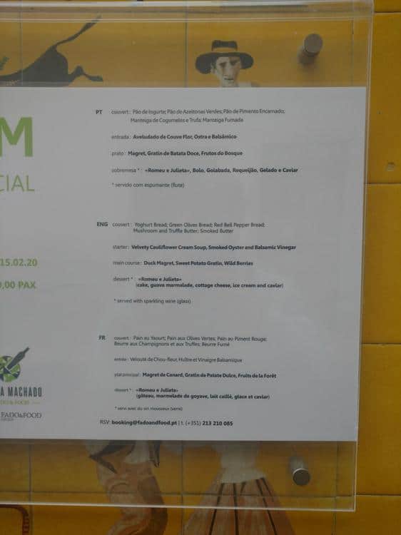 Menu at Adega Machado restaurant, Lisbon