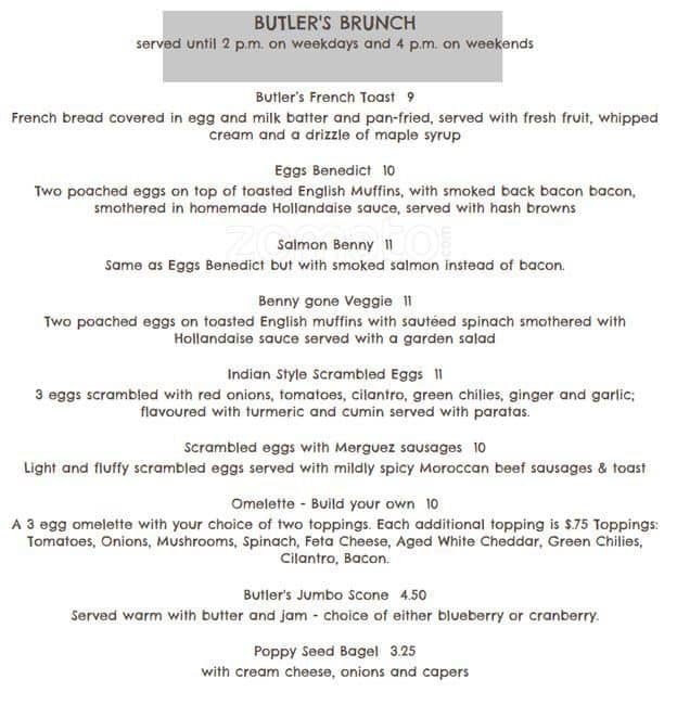 Menu at Butler's Pantry restaurant, Toronto, 371 Roncesvalles Ave