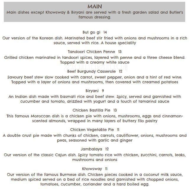 Menu at Butler's Pantry restaurant, Toronto, 371 Roncesvalles Ave