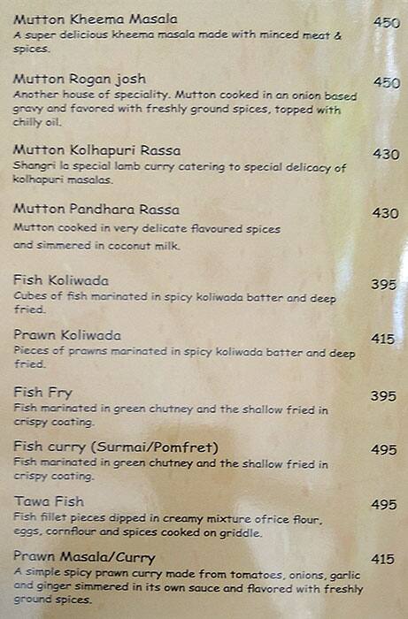 Menu at Shangri La, Pune