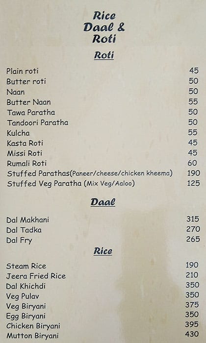 Menu at Shangri La, Pune