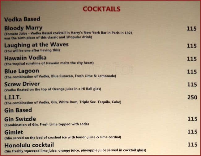 Menu at Aqua Bar, Chandigarh