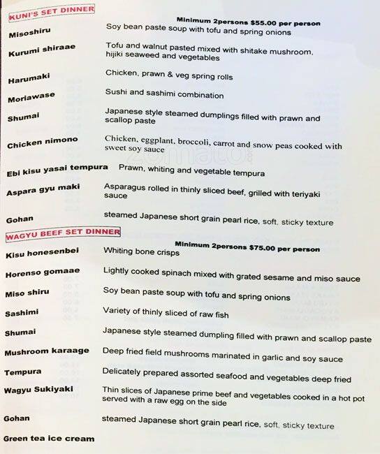 Menu at Kunis Japanese Restaurant, Melbourne