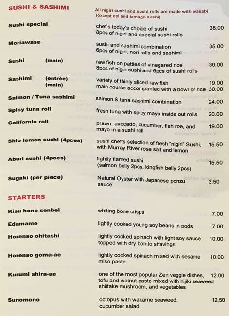 Carta de Kunis Japanese Restaurant, Melbourne