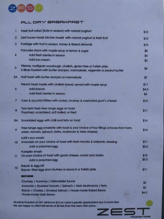 Menu at Zest in Food restaurant, Brighton East