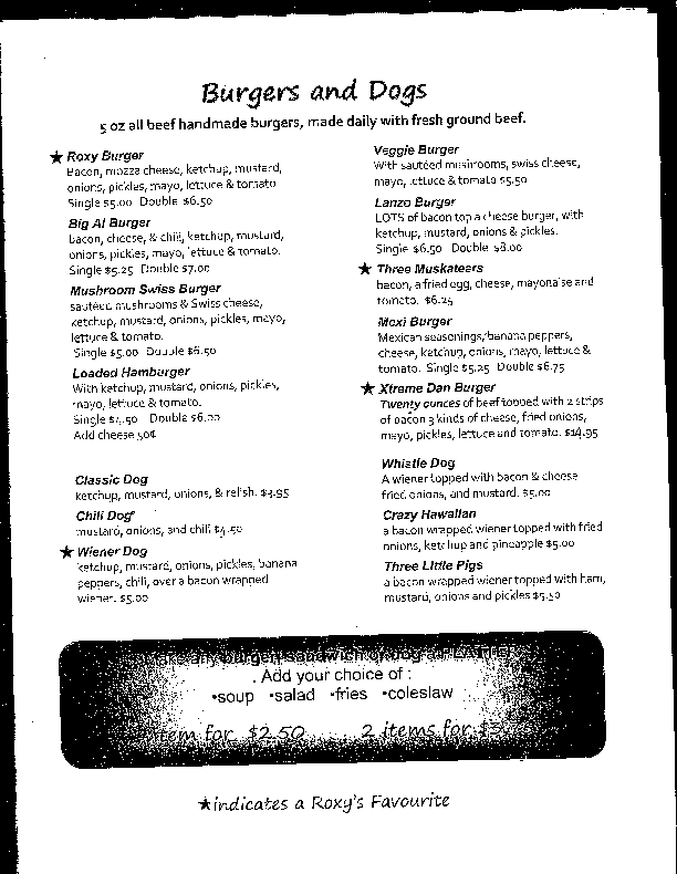 Menu at Roxy's Restaurant & Lounge, Oak Bluff