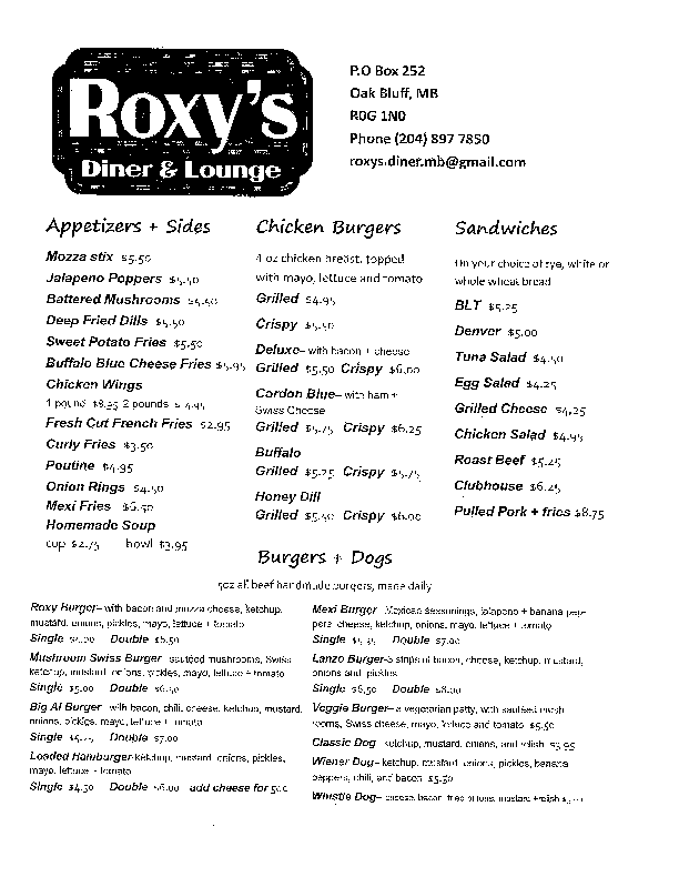 Menu at Roxy's Restaurant & Lounge, Oak Bluff
