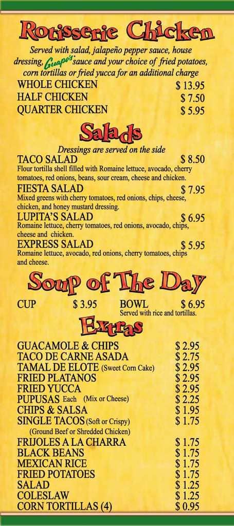 Guapo's Rotisserie Chicken Menu - Urbanspoon/Zomato