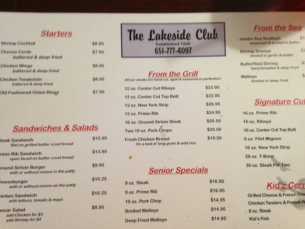 Lakeside Club Menu, Menu for Lakeside Club, White Bear Lake, Twin ...