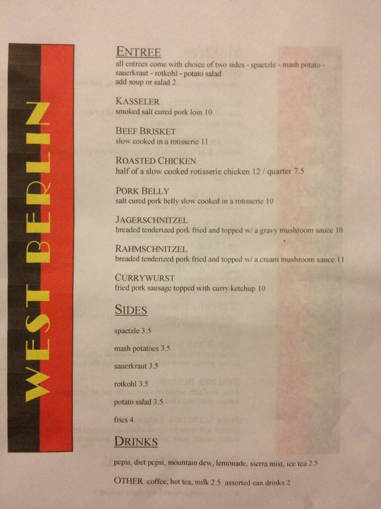Menu at West Berlin restaurant, Anchorage