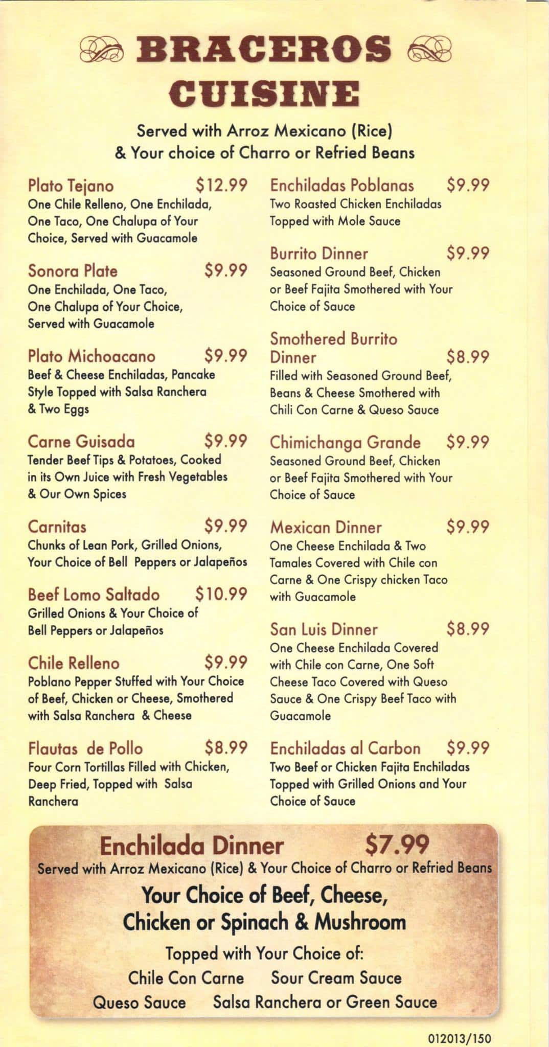 Menu at El Bracero restaurant, Amarillo, Bell St