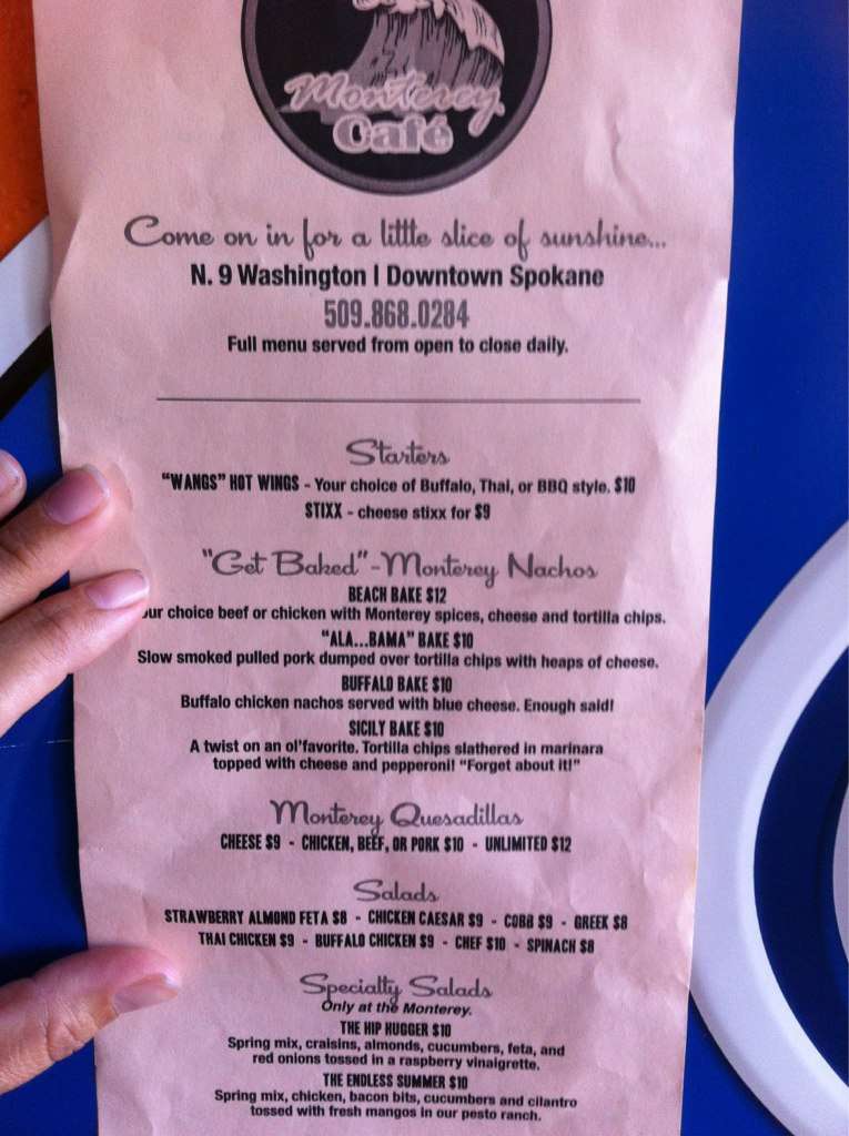 Menu at Monterey Cafe, Spokane