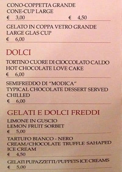 Menu da Caffè Roma self-service, Roma, Via di S. Isidoro
