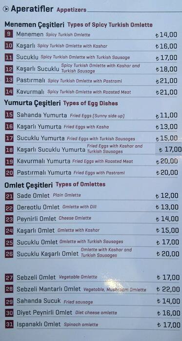 Menu at Namli firin, Istanbul
