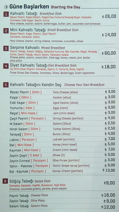 Menu at Namli firin, Istanbul