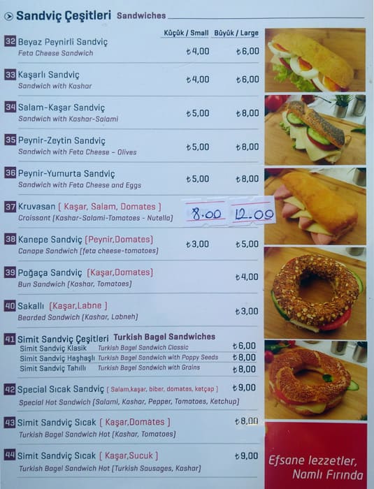 Menu at Namli firin, Istanbul