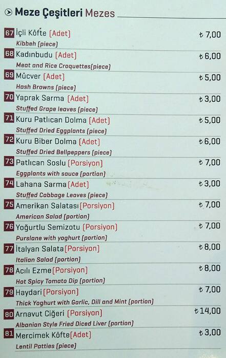 Menu at Namli firin, Istanbul