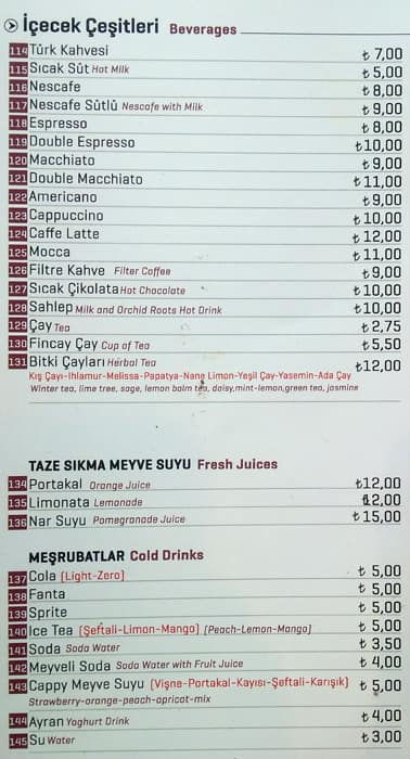Menu at Namli firin, Istanbul
