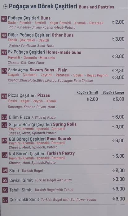 Menu at Namli firin, Istanbul