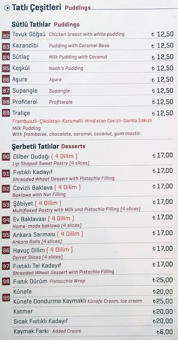 Menu at Namli firin, Istanbul