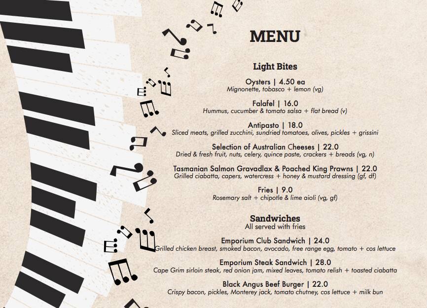 Menu at the Terrace Rooftop Bar, Brisbane City