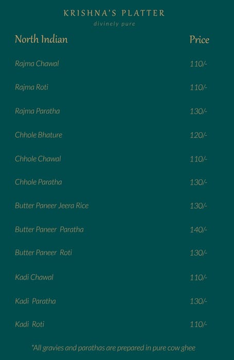 Menu of Krishna's Platter, Karkhana, Secunderabad