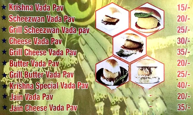Menu of Shree Krishna Vada Pav, Vile Parle West, Mumbai