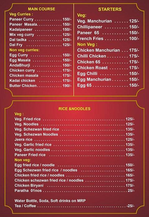 Menu of Hotel Hitech Tower, Hitech City, Hyderabad