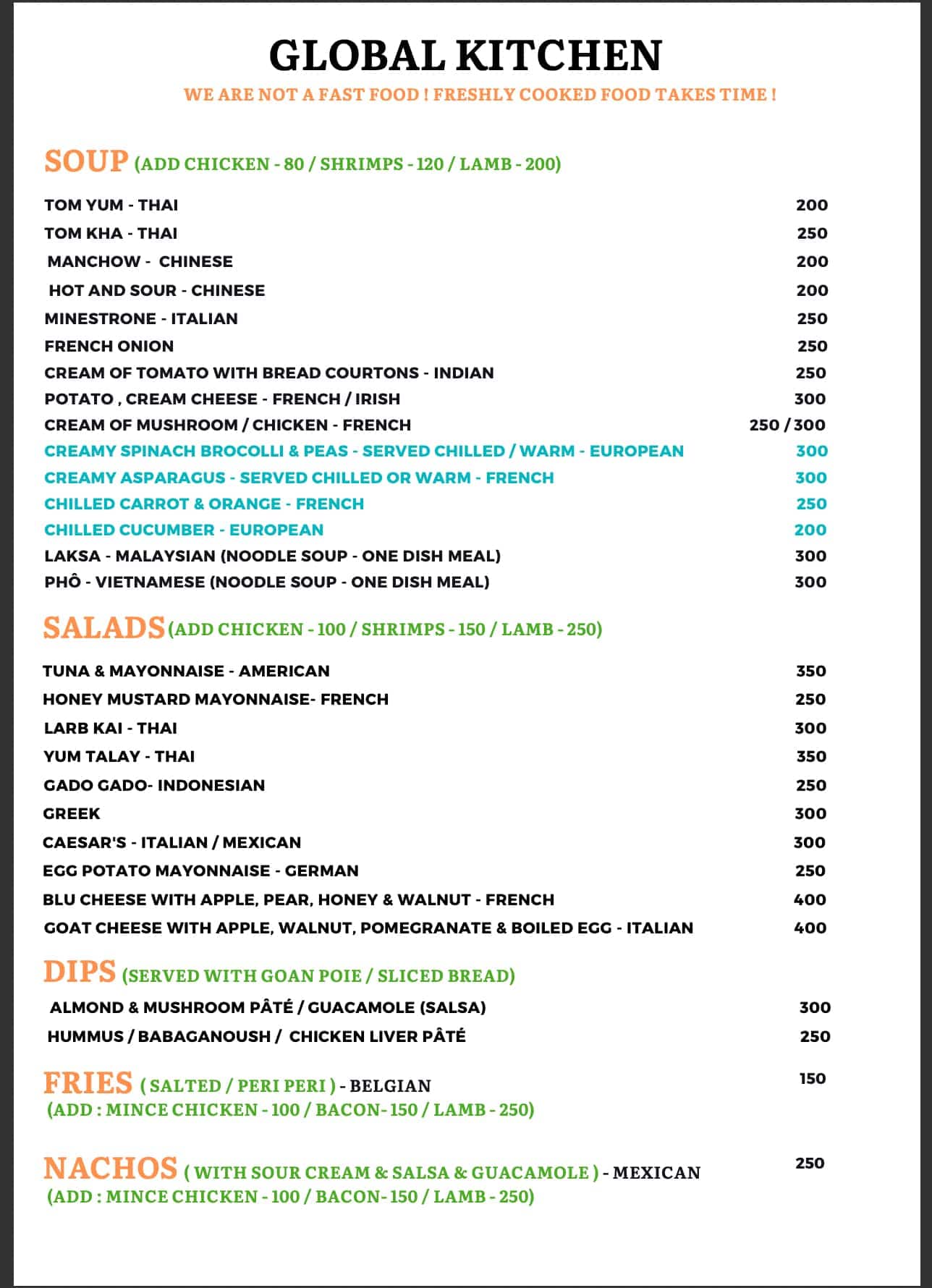 Menu of Vogue, Vagator, Goa