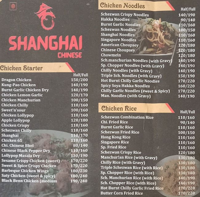 Menu of Shanghai Chinese, Mira Road, Mumbai