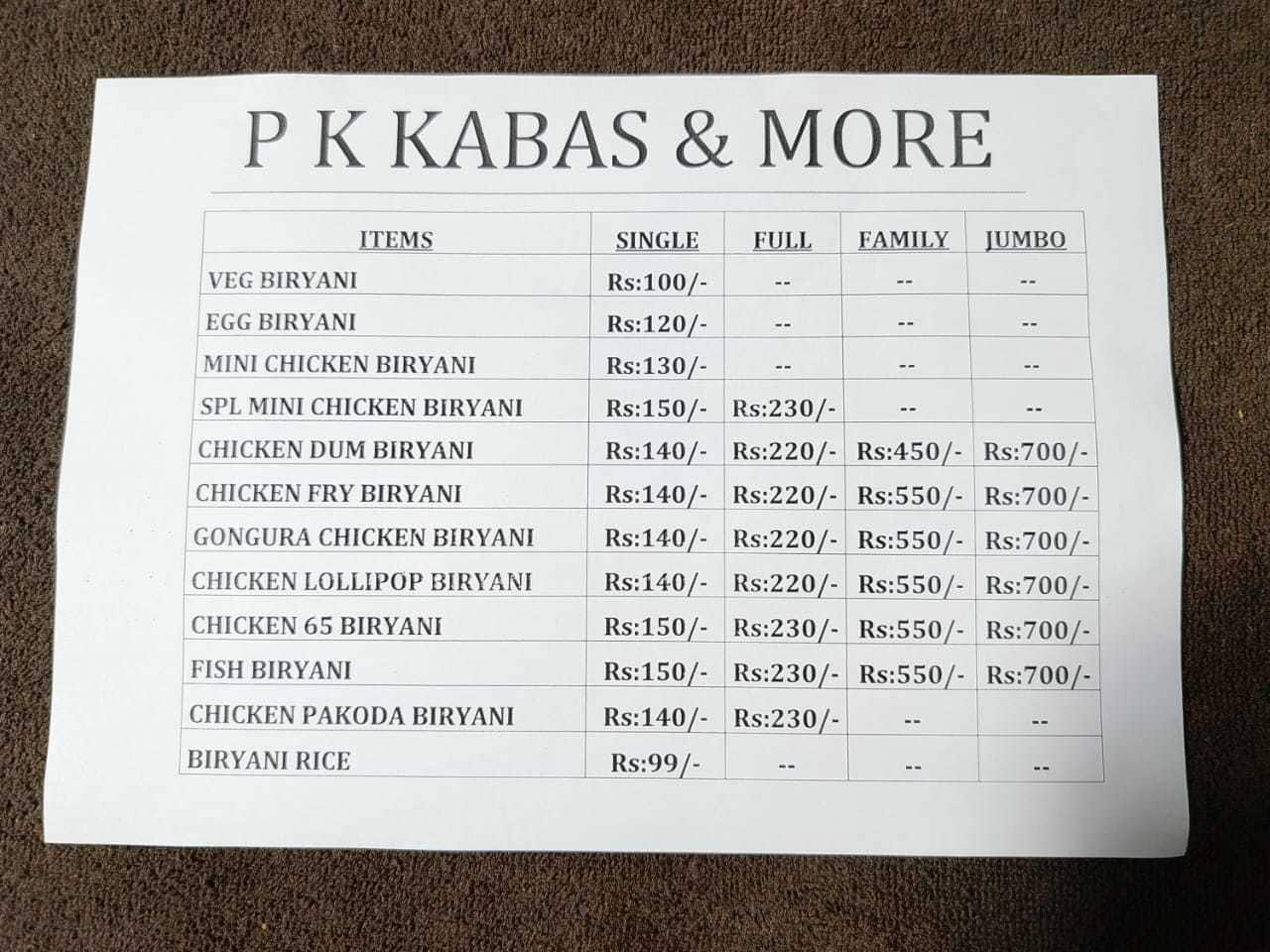 Menu of PK Kababs & More, Madhapur, Hyderabad