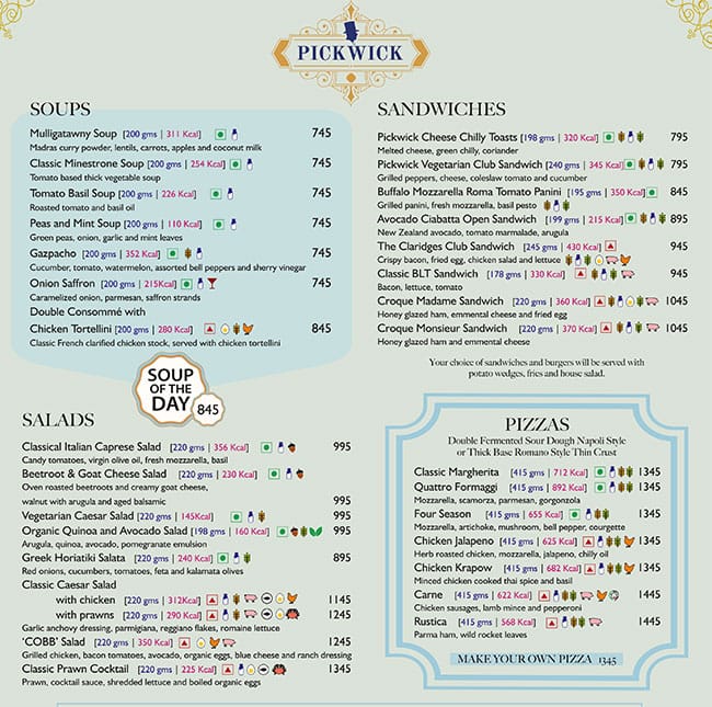 Menu of Pickwicks - The Claridges, Khan Market, New Delhi