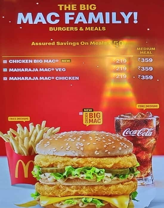 Menu of McDonald's, MG Road, Bangalore