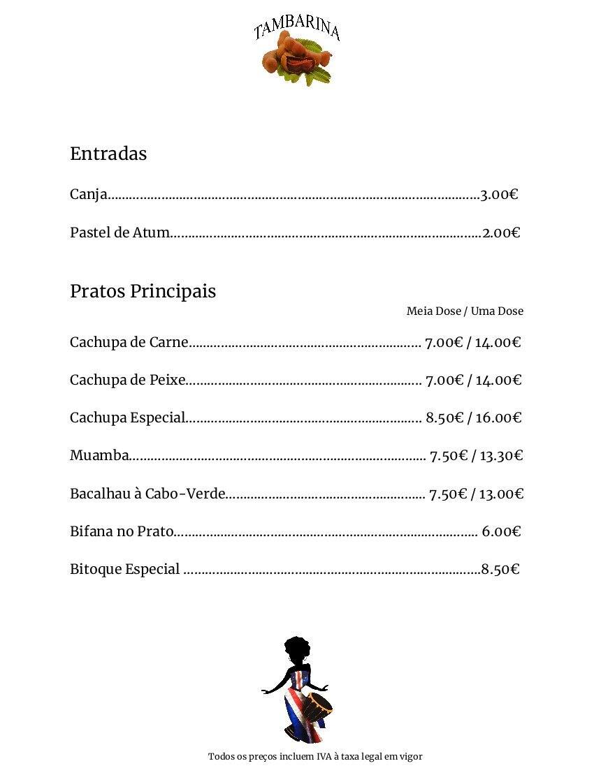 Menu at Tambarina, Lisbon