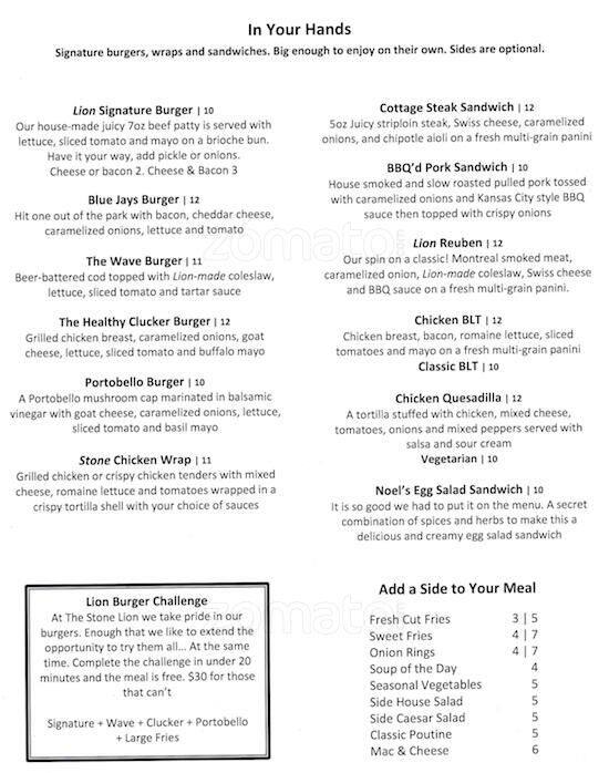 Menu at The Stone Lion pub & bar, Toronto