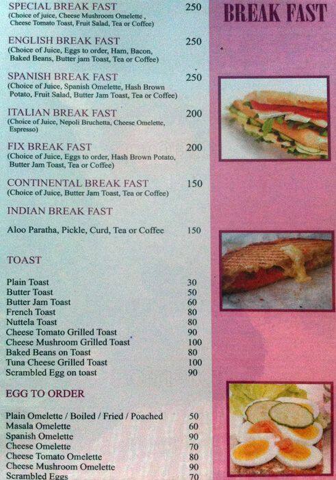 Menu at Once Upon A Time, Benaulim