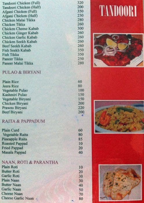 Menu at Once Upon A Time, Benaulim