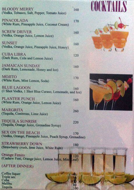 Menu at Once Upon A Time, Benaulim