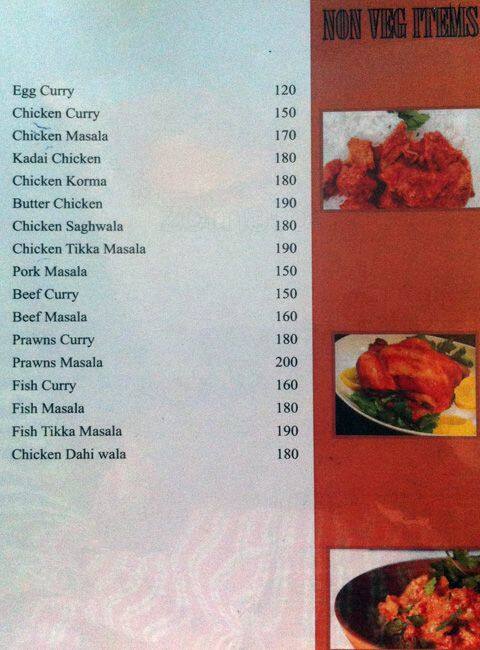 Menu at Once Upon A Time, Benaulim