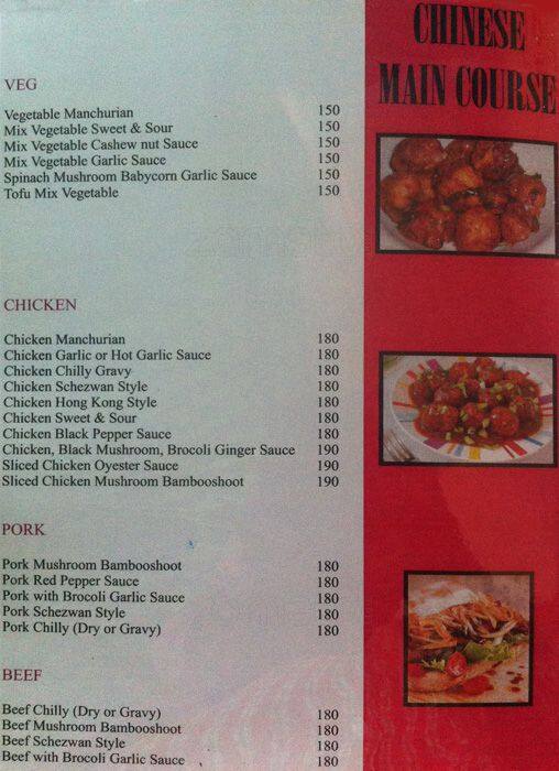 Menu at Once Upon A Time, Benaulim
