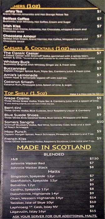 Menu at The Barley Mow, Mississippi Mills, 79 Little Bridge St