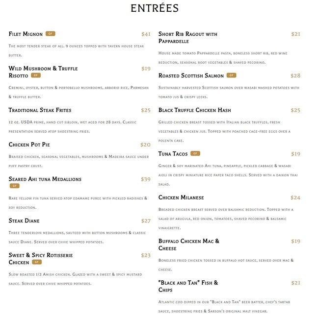 Menu at Tavern at the Park pub & bar, Chicago