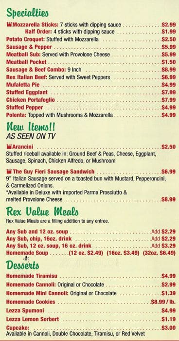 Menu at Rex Italian Foods pizzeria, Norridge