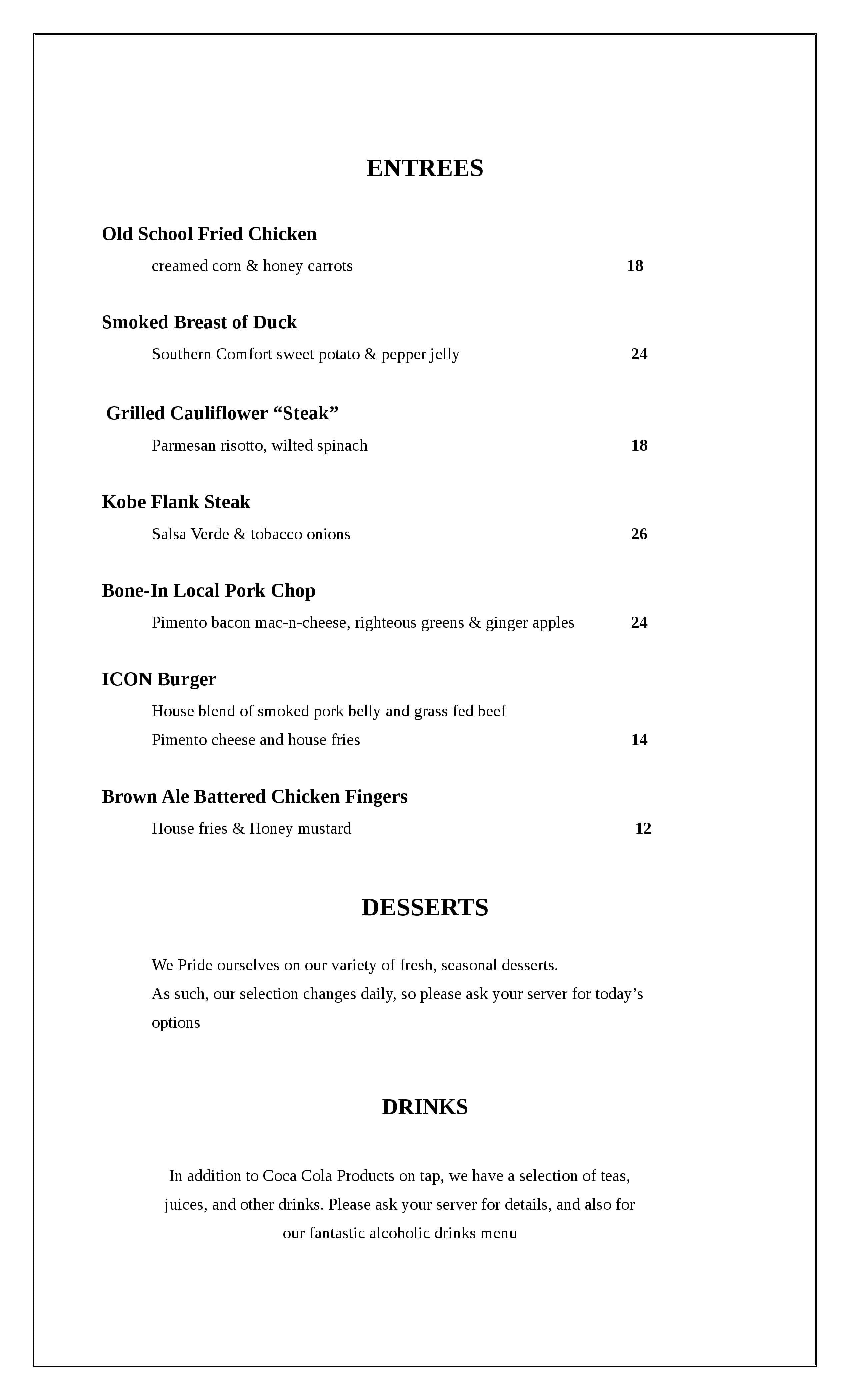 Menu at Icon Ultra Lounge pub & bar, Knoxville